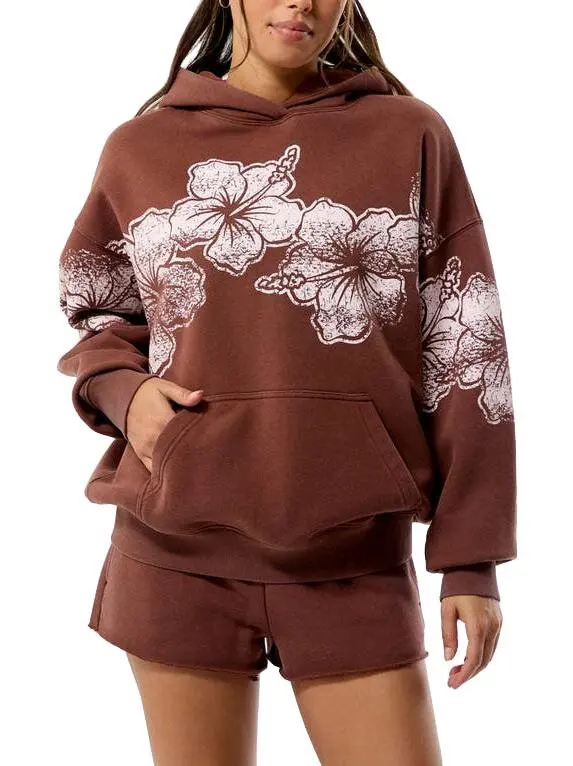 PACSUN Cotton-blend Fleece Hibiscus Print Hoodie - Brown