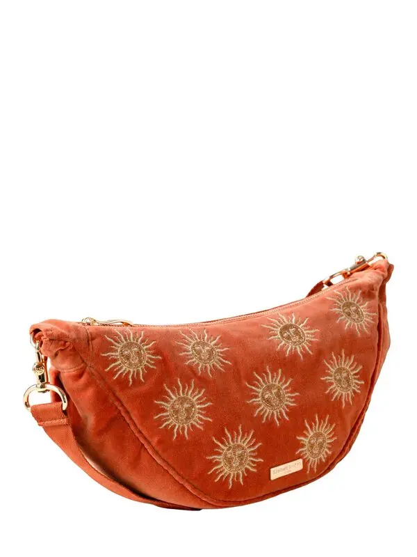 ELIZABETH SCARLETT Velvet Crossbody With Embroidered Sun Design - Rust
