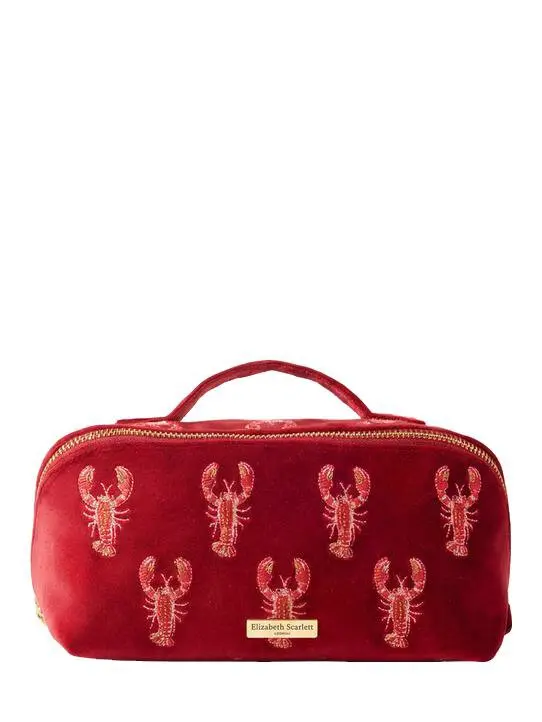 ELIZABETH SCARLETT Lobster Embroidered Open Flat Makeup Bag - Red