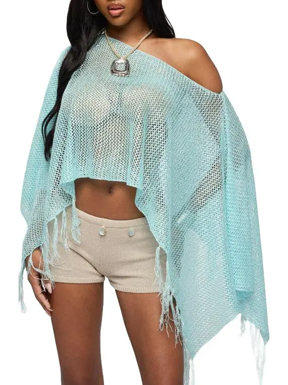 EDIKTED Sequin Fringe Knit Poncho - Light-blue