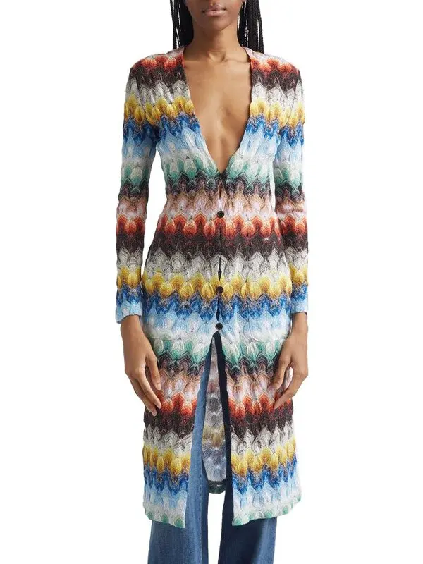 Missoni Metallic Zigzag Knit Duster Cardigan - Multicolor On Black Base