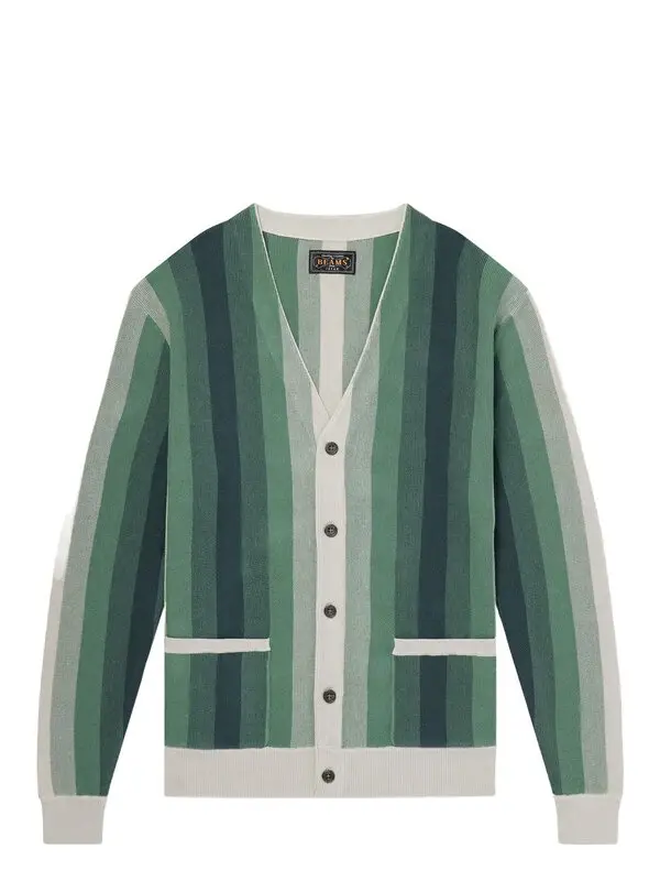 BEAMS Striped Cotton Cardigan - Green
