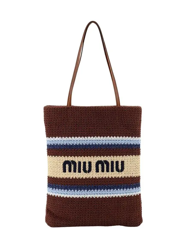 Miu Miu Knitted Shopping Bag With Embroidered Logo - Brown