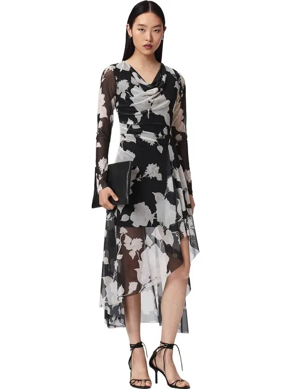 ALLSAINTS Loria Draped Mesh Midi Dress - Black