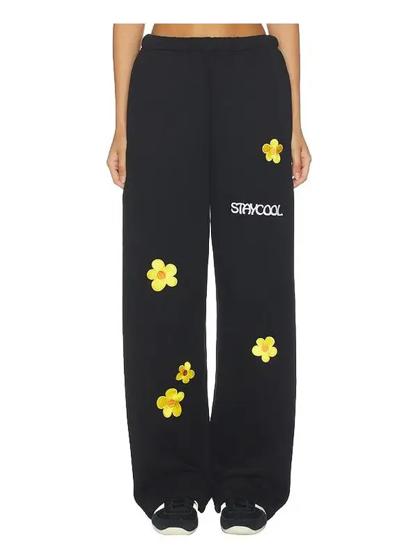 STAY COOL Sunflower Embroidered Fleece Lined Sweatpants - Black