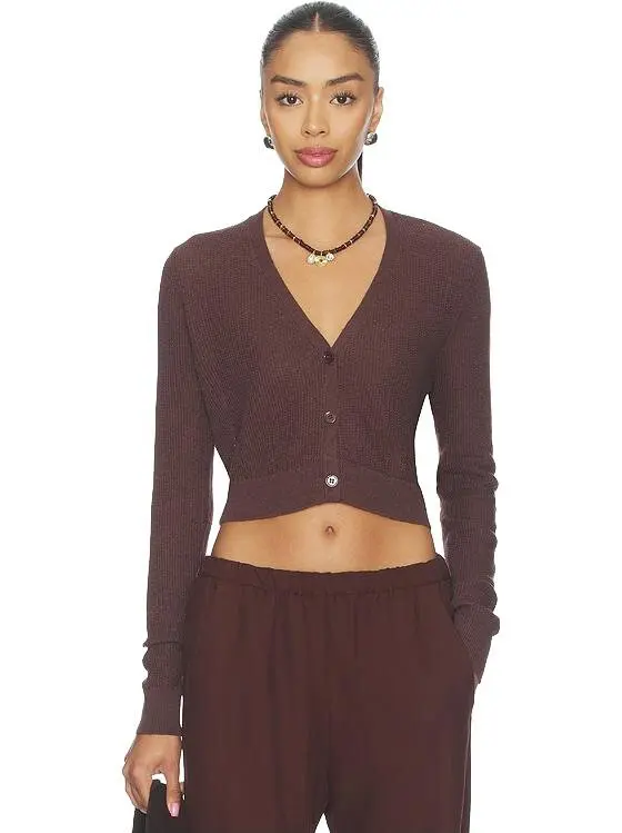 Enza Costa Linen Open Knit Cropped V-neck Cardigan - Chocolate