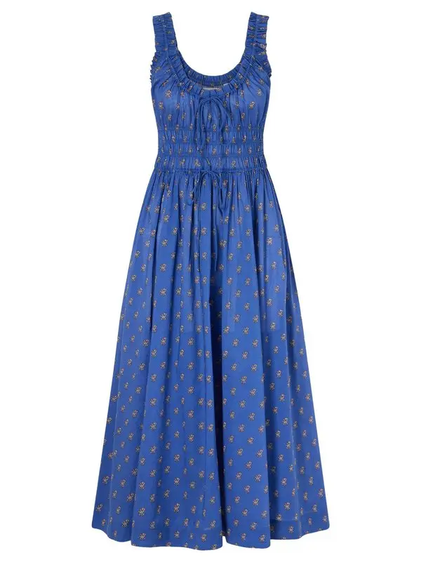 DÔEN Emmaretta Shirred Floral-print Cotton Midi Dress - Blue