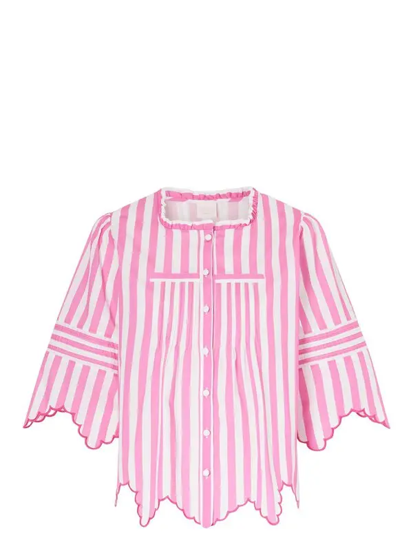 Loretta Caponi Matilde Scalloped Striped Cotton Shirt - Pink