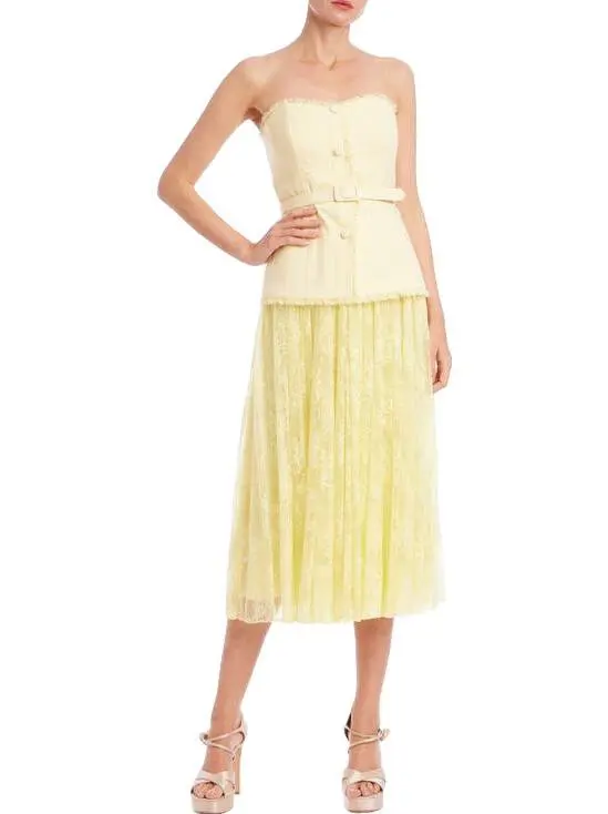 Badgley Mischka Strapless Mixed Media Cocktail Dress - Pale Yellow