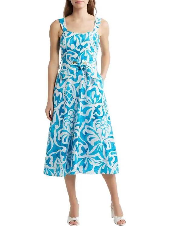 TAHARI ASL Grommet Tie Belt Midi Fit-and-flare Dress - Blue Jewel Ivory
