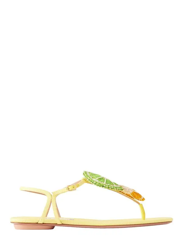 AQUAZZURA Embellished Raffia Thong Sandals - Yellow