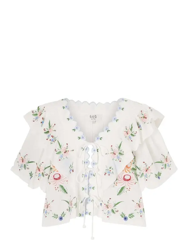 Sea Serafina Ruffled Embroidered Blouse - Cream