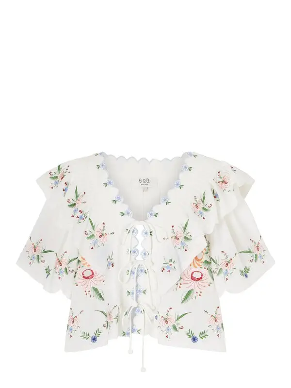 Sea Serafina Ruffled Embroidered Blouse - Neutrals