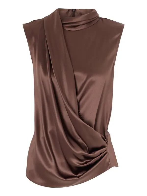 Brunello Cucinelli Wrap-effect Sleeveless Satin Blouse - Dark Brown
