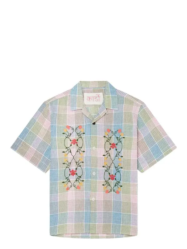 KARDO Ronen Camp-collar Floral-embroidered Checked Cotton And Linen-blend Shirt - Multi