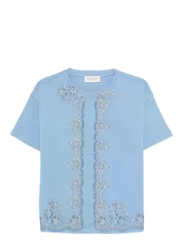 ERMANNO FIRENZE Embroidered T-shirt With Lace Trim - Blue