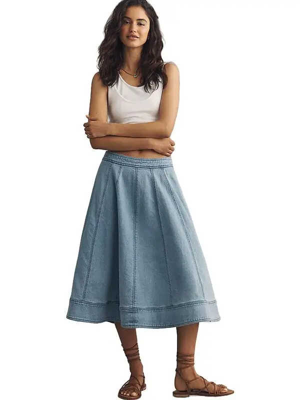 PILCRO Chambray Button-front Midi Skirt - Light Denim