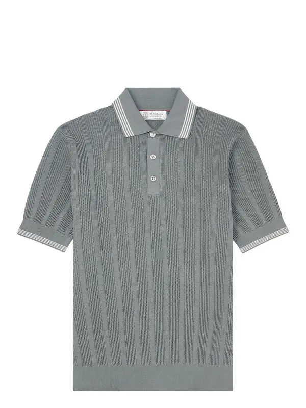 Brunello Cucinelli Striped Pointelle-knit Cotton Polo Shirt - Green