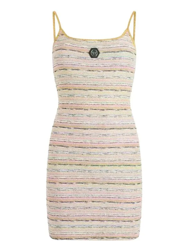 Philipp Plein Square Neck Mini Dress With Striped Logo Appliqu - Neutrals