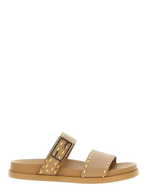 Fendi Feel Leather Slides - Beige