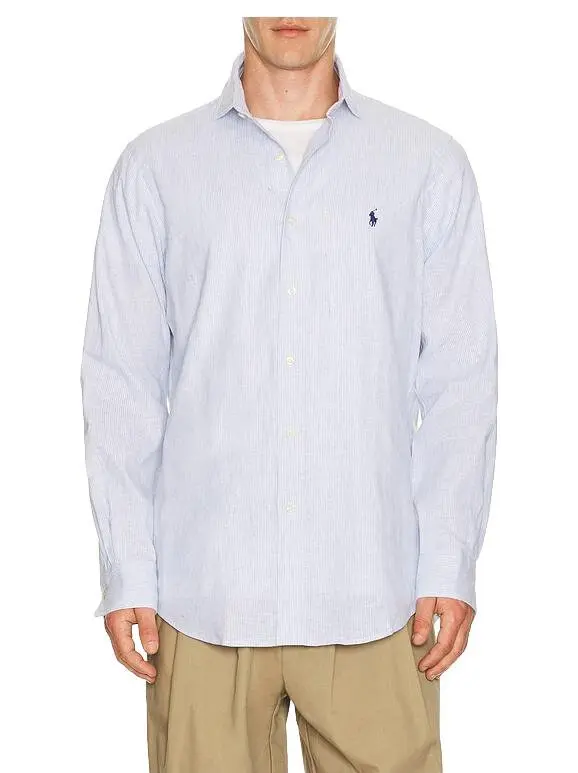 Polo Ralph Lauren Long Sleeve Stretch Linen Sport Shirt Stripe In . Also - Blue