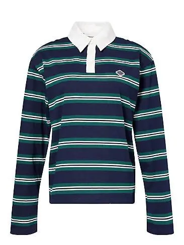 THE COUTURE CLUB Striped Long-sleeve Cotton-blend Polo T-shirt - Navy