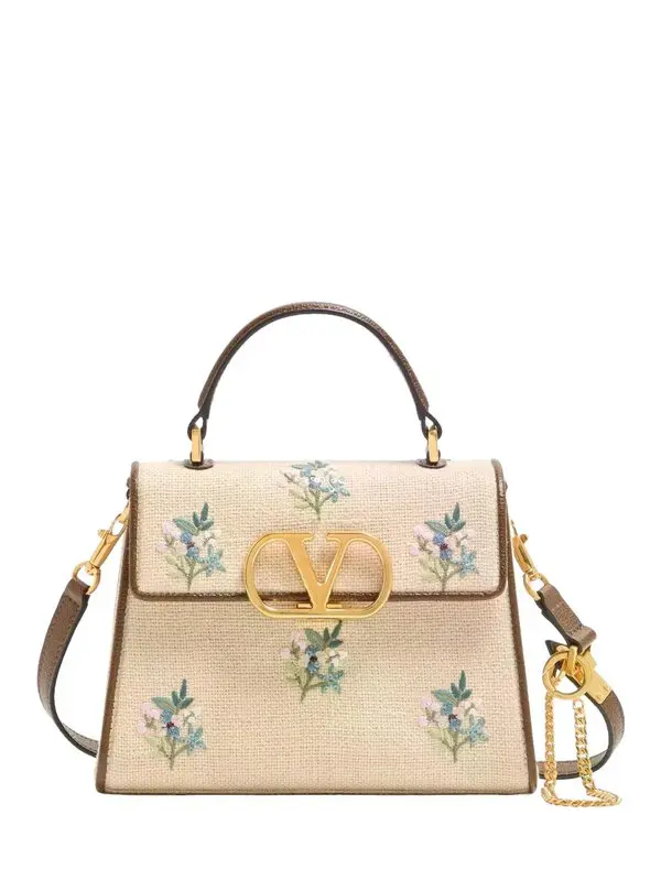 Valentino Garavani Vsling Small Handbag In Embroidered Linen - Neutrals