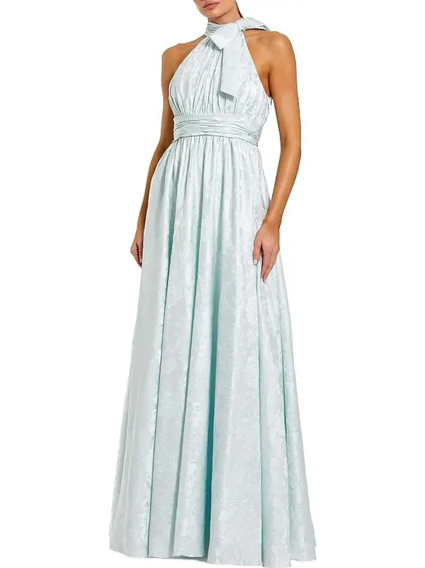 Mac Duggal Sleeveless Halter Neck Brocade Gown With Bow Detail - Powder Blue