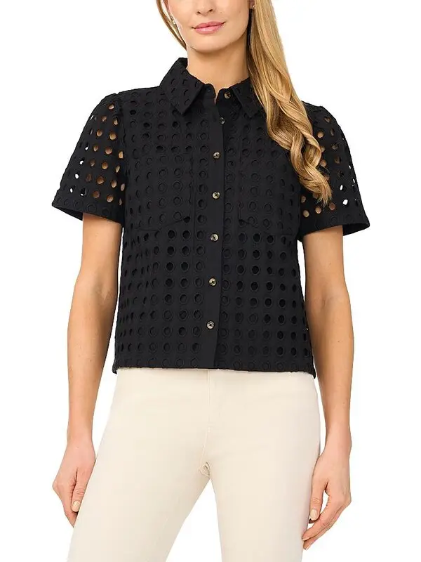 CECE DUPRAZ Eyelet Short Sleeve Shirt - Rich Black