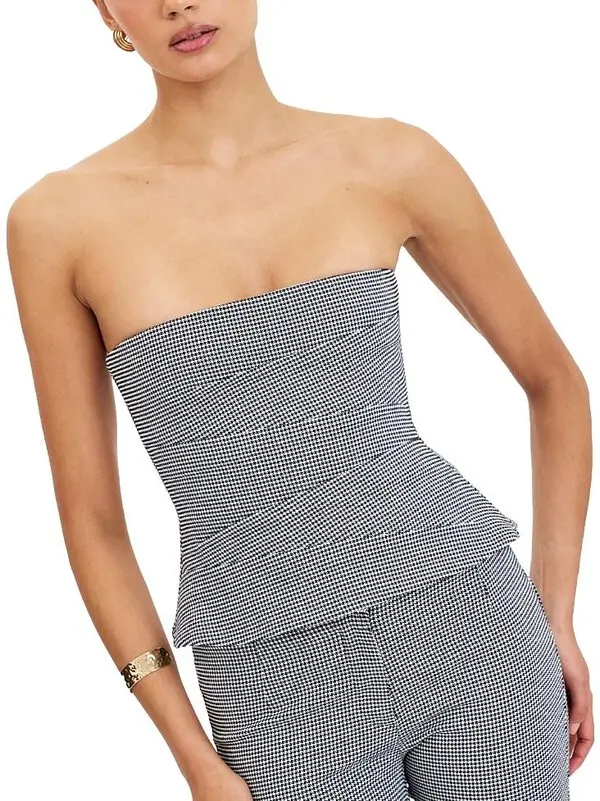 MISS CIRCLE Micro-houndstooth Strapless Peplum Top - Grey