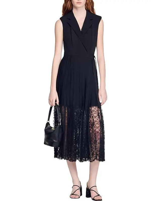Sandro Sleeveless Collared Midi Dress With Lace Hem - Black