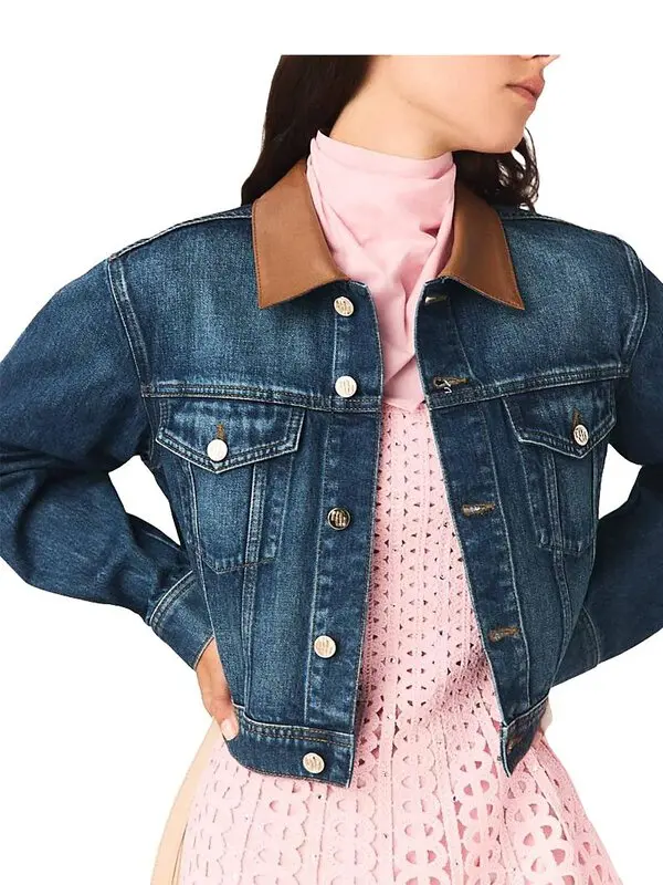 Maje Denim Trucker Jacket With Leather Collar - Blue