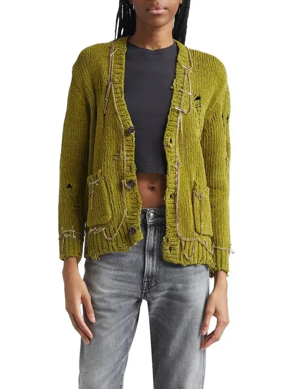 R13 Safety Pin Chain Detail Ripped Cotton Cardigan - Light Green