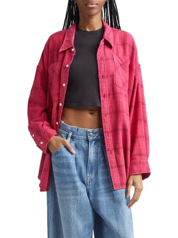 R13 Plaid Oversize Flannel Shirt - Deep Pink Plaid