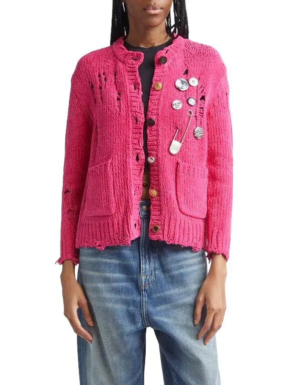 R13 Ripped Cotton Cardigan With Button Detail - Pink