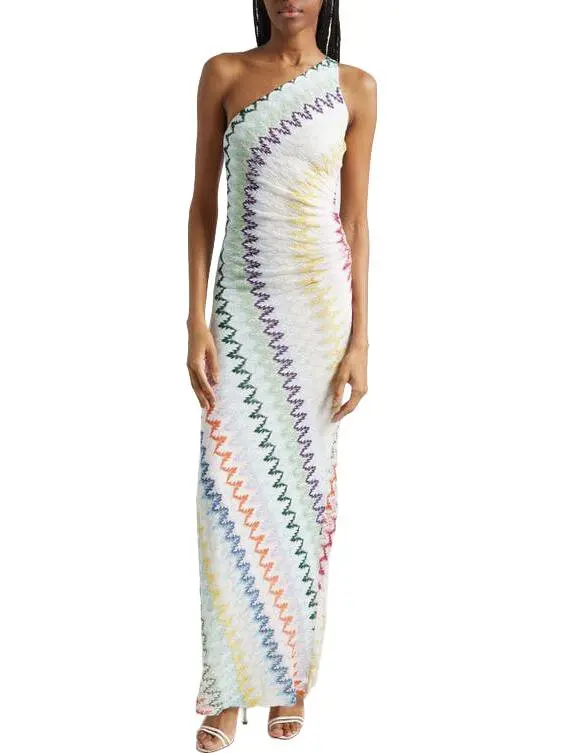 Missoni Metallic Zigzag Raschel Knit One-shoulder Dress - Multicolor On White Base