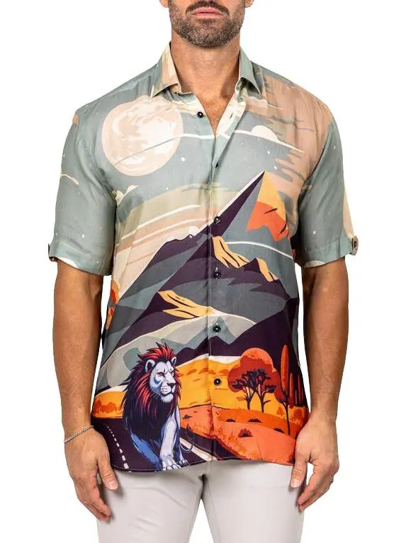 MACEOO Galileo Marthy Short Sleeve Button-up Shirt - Beige/blue Multi
