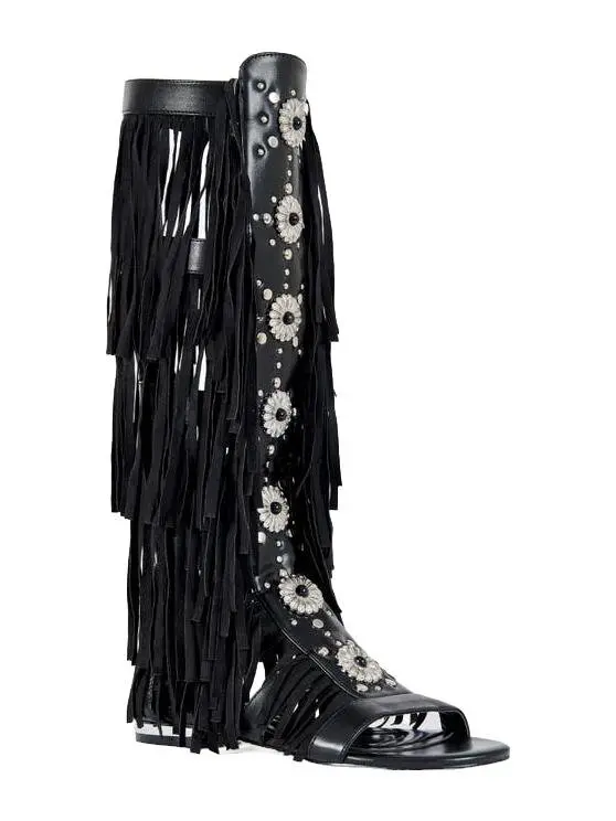 AZALEA WANG Fringe Gladiator Sandals - Black