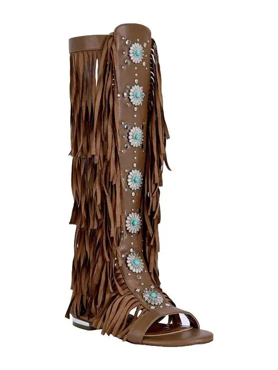 AZALEA WANG Fringe Gladiator Sandals - Brown