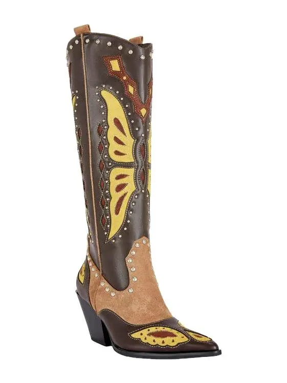 AZALEA WANG Flutter Knee High Western Boot - Brown Multi