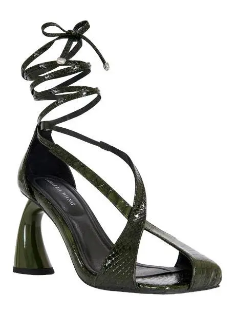 AZALEA WANG Snakeskin Embossed Ankle Wrap Sandal - Olive