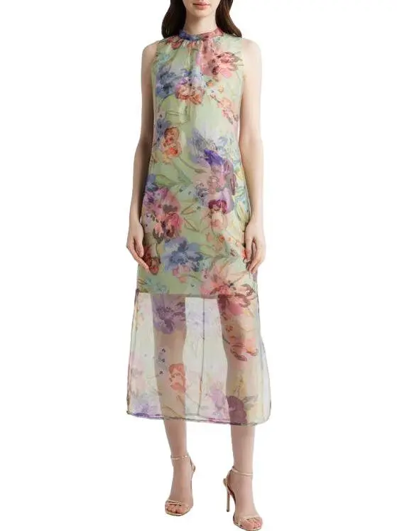 Vince Camuto Floral Sleeveless Organza Dress - Aqua Combo