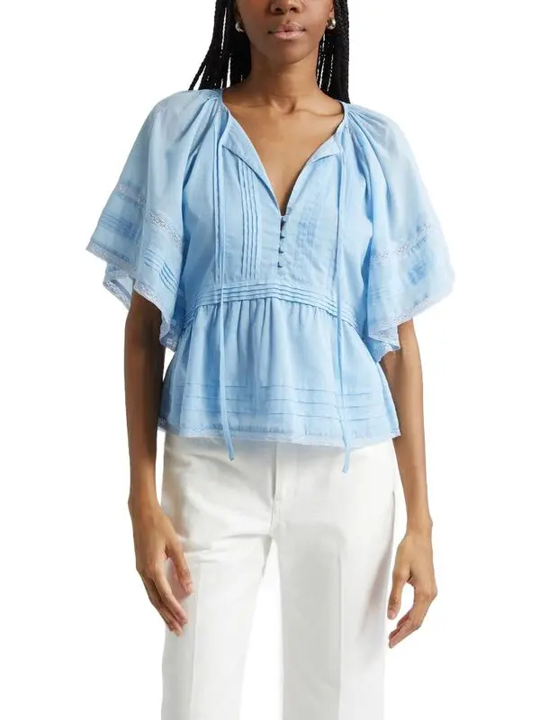 Ramy Brook Sherry Pintuck & Lace Detail Cotton Top - Bazaar Blue