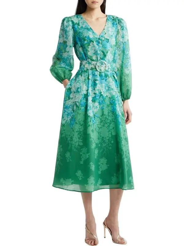 TAHARI ASL Floral Belted Long Sleeve Midi Dress - Green