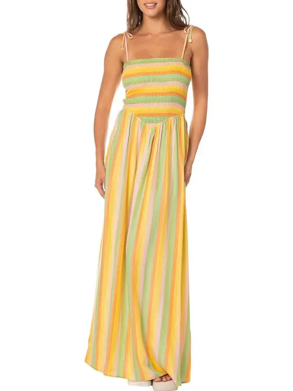 MAAJI Lines Cutout Smocked Bodice Maxi Sundress - Open Yellow