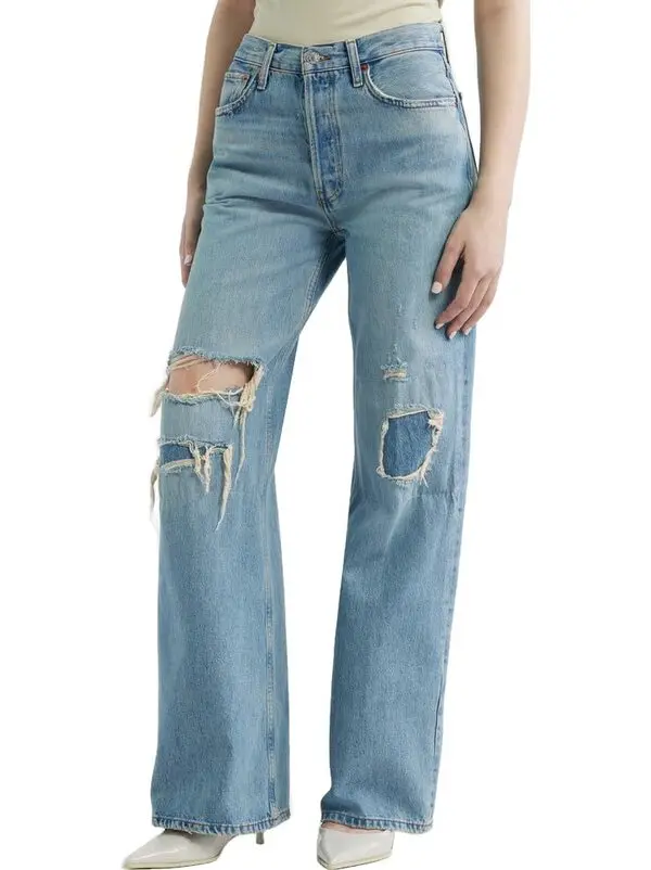 RE/DONE High-waist Ripped And Repaired Wide Leg Jeans - Age Worn Blue