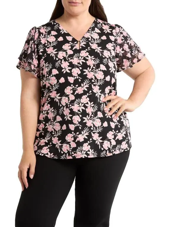 Jones New York Floral Double Flutter Sleeve Top - Jones Black Multi