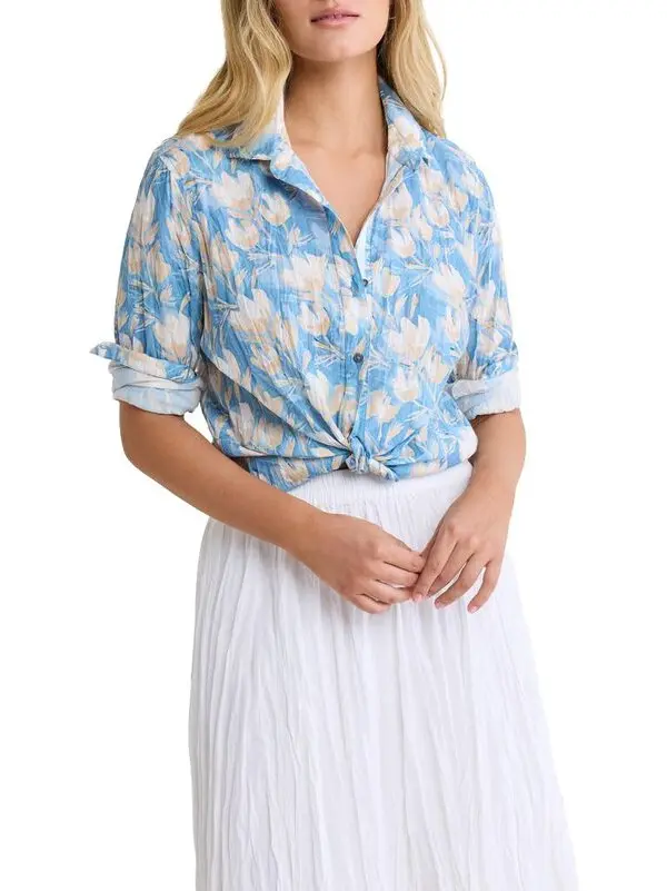 NZ BY NIC AND ZOE Floral Print Crinkle Cotton Shirt - Blue Multi