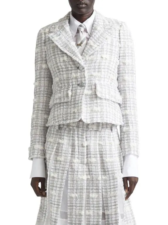 Thom Browne Crop Sculpted Shoulder Pouf Tweed Jacket - Medium Grey