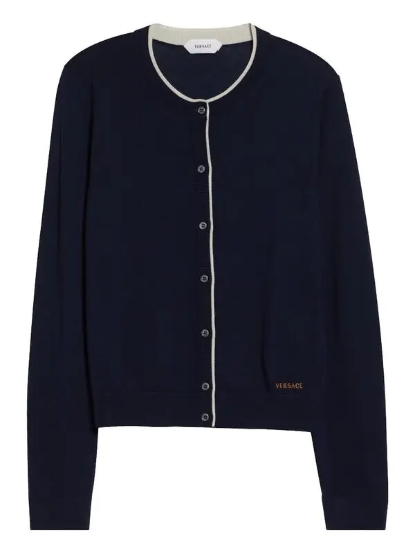 Versace Tipped Wool Blend Cardigan - Navy